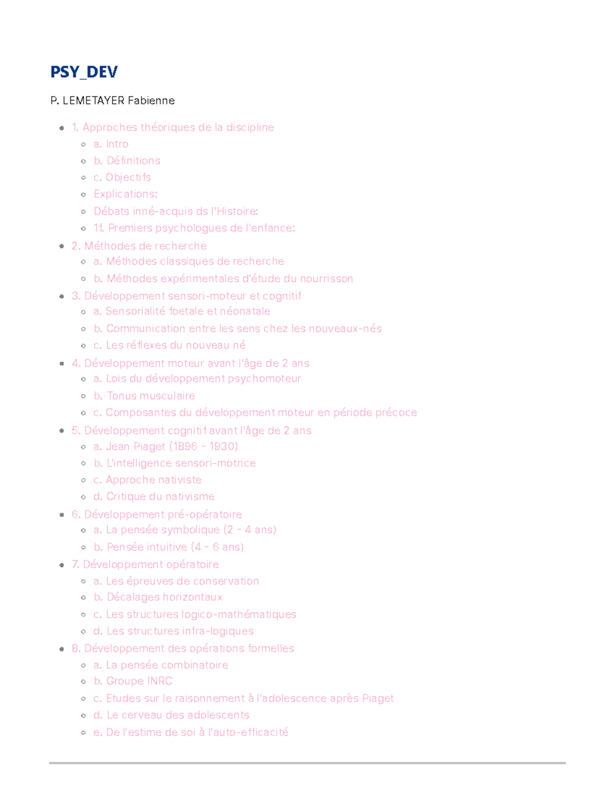 PSY DEV complet - cours entier - P. LEMETAYER Fabienne PSY_DEV Approches théoriques de la ...