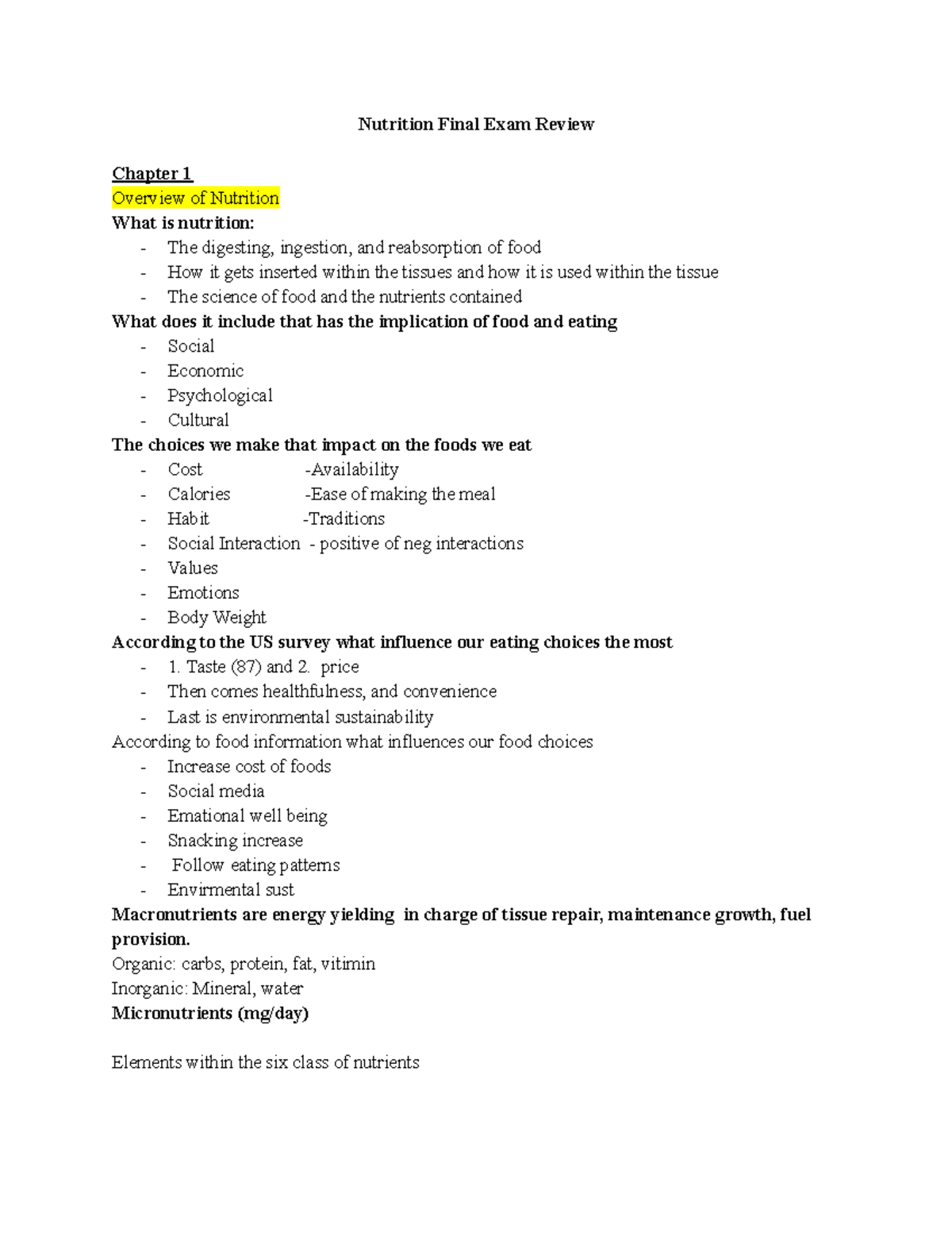 Nutrition Final Exam Review Nutrition Final Exam Review Chapter 1