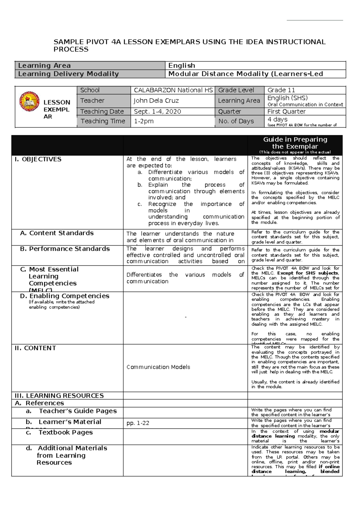 Lesson Exemplar English Grade 11 - SAMPLE PIVOT 4A LESSON EXEMPLARS ...