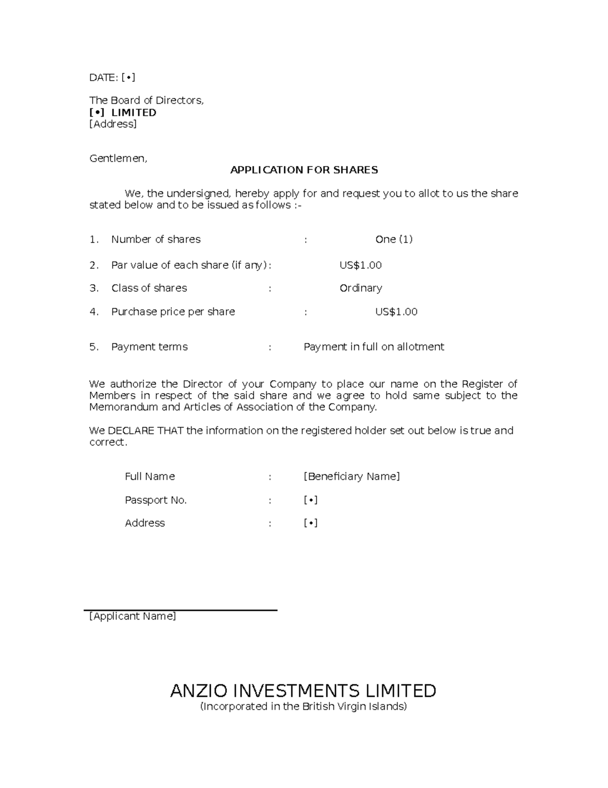 Sample Aplication and allotment for shares - DATE: [•] The Board of ...