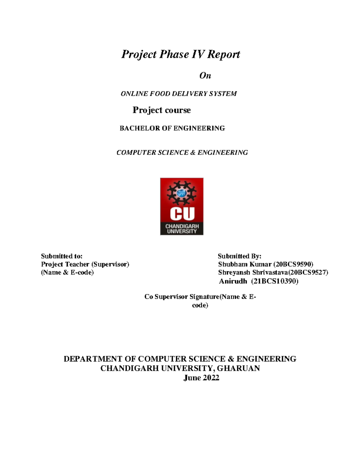 Online Food Delivery System 20BCS9590 9527 21BCS10390 Phase 4Report ...