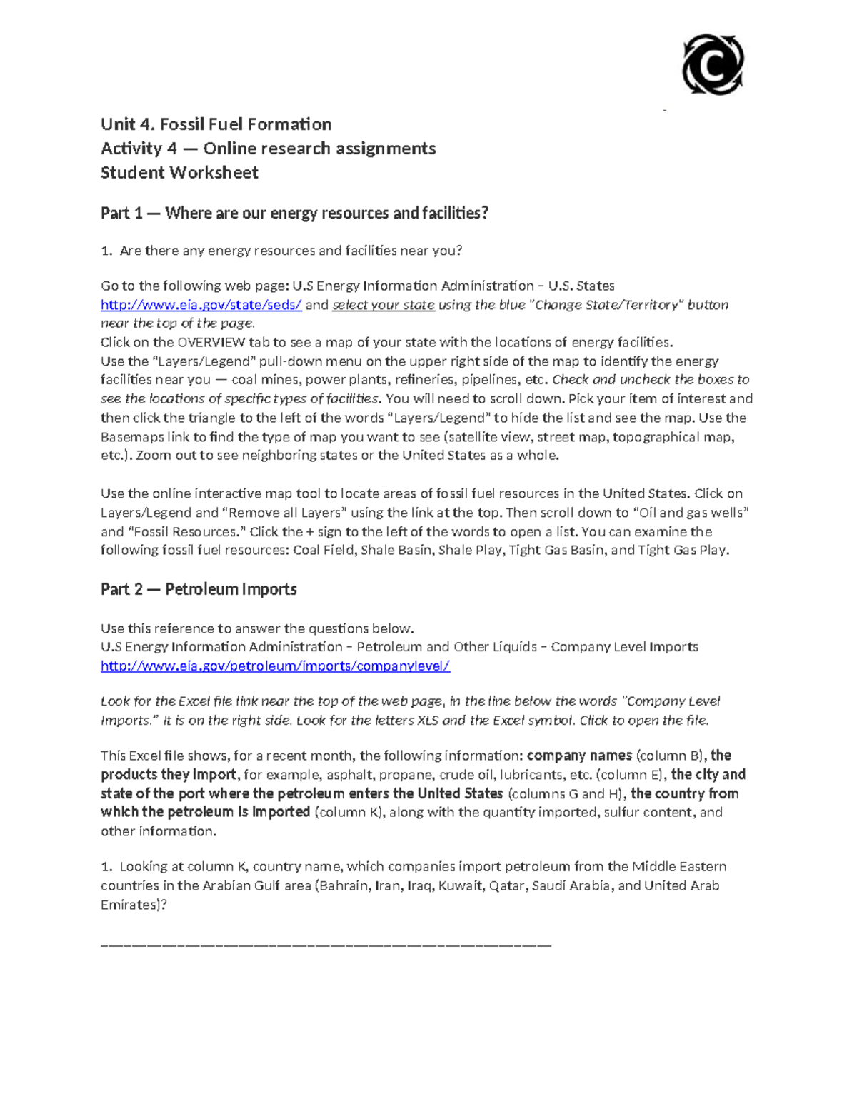 Fossil fuel formation- online - Unit 4. Fossil Fuel Formation Activity ...