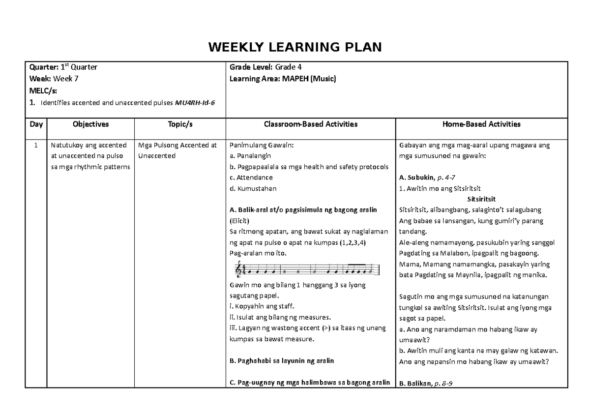 Music 4 Q1 W7 - WEEKLY LEARNING PLAN Quarter: 1 st Quarter Week: Week 7 MELC/s: 1. Identifies ...