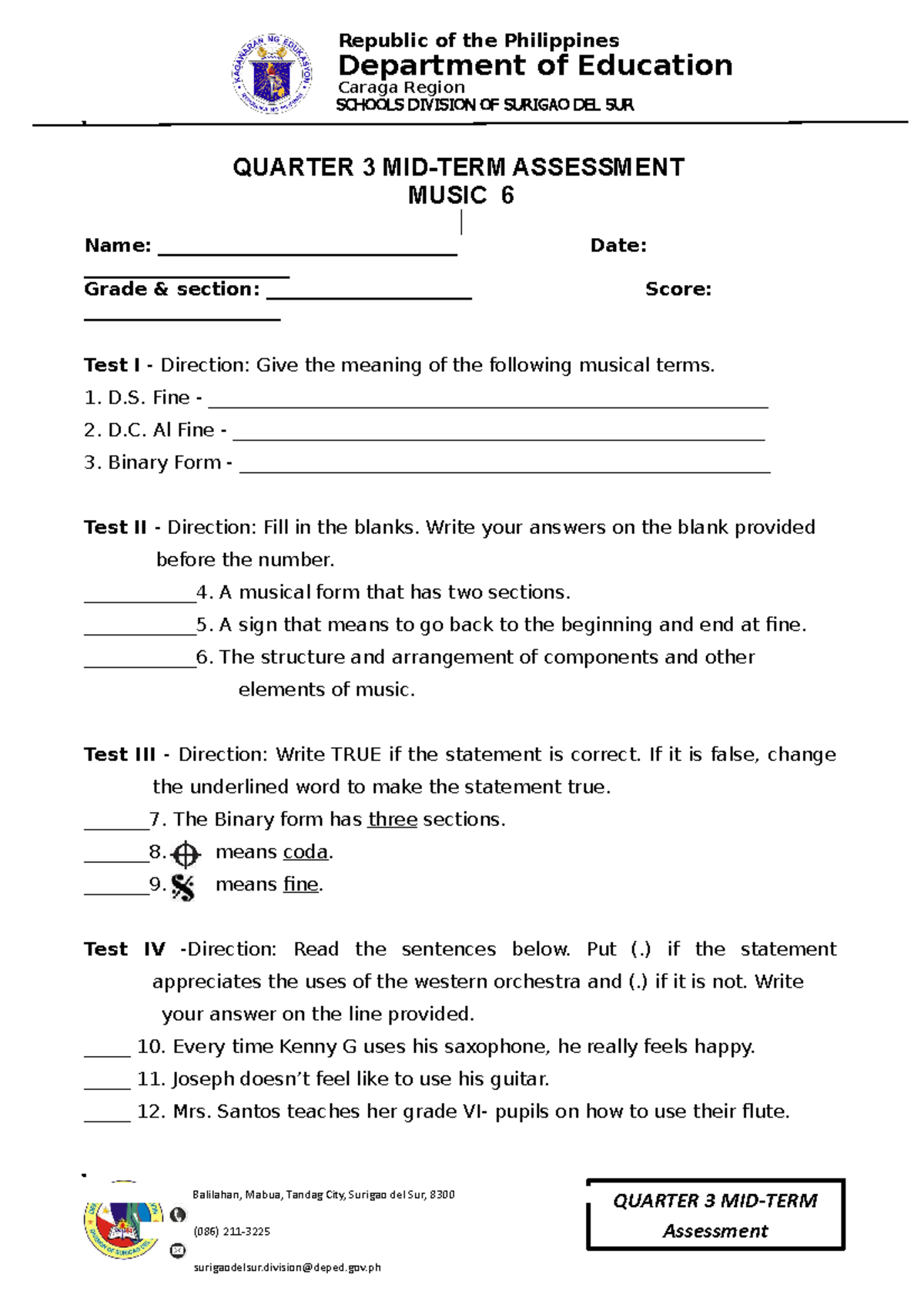 Mapeh - MIDTERM ASSESSMENT - Department of Education Caraga Region ...