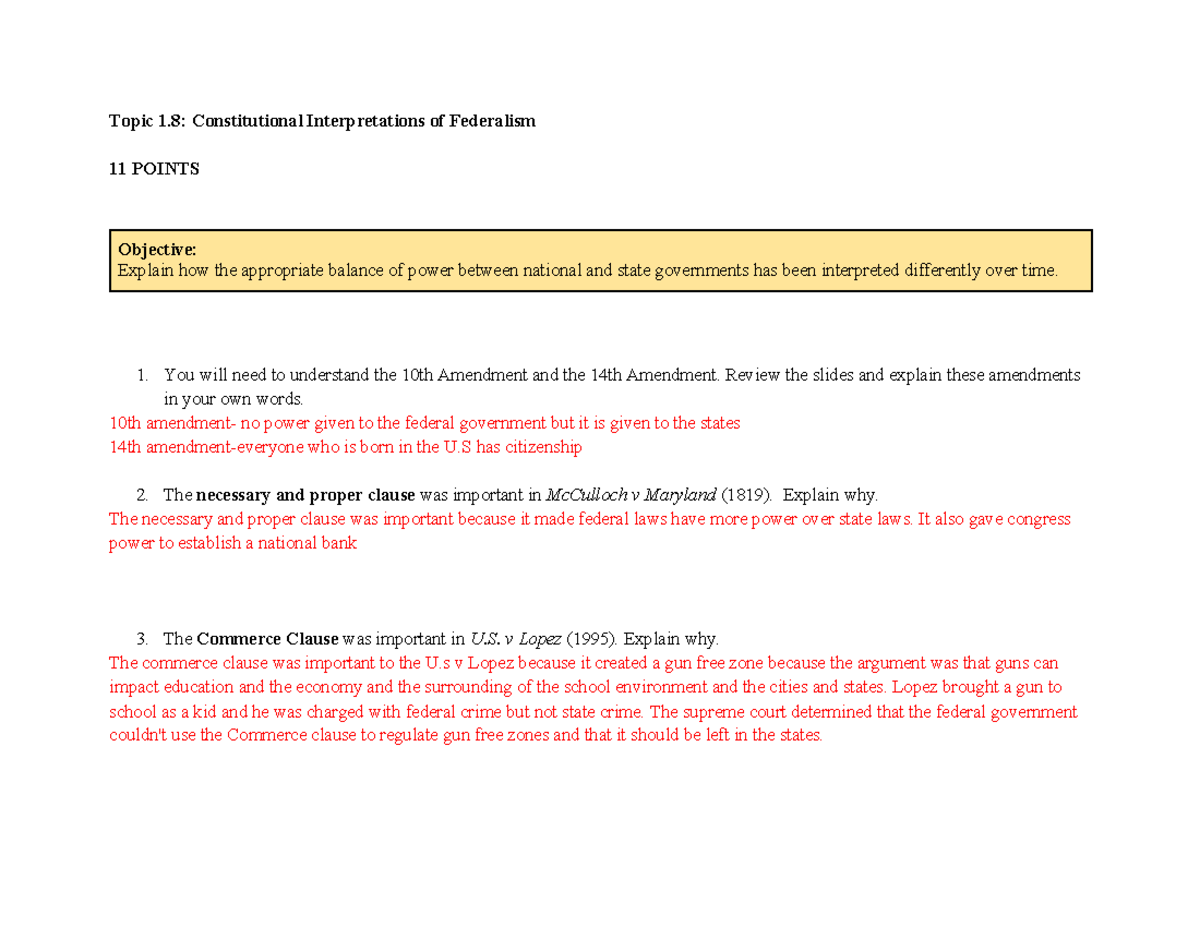 1.8 Constitutional Interpretations of Federalism - 1. You will need to ...