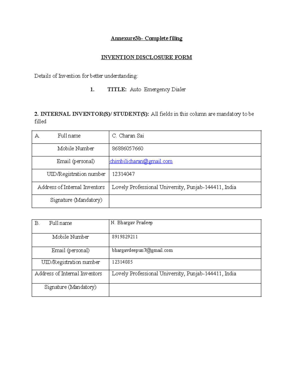 patent for ca 3 - Annexure3b- Complete filing INVENTION DISCLOSURE FORM ...