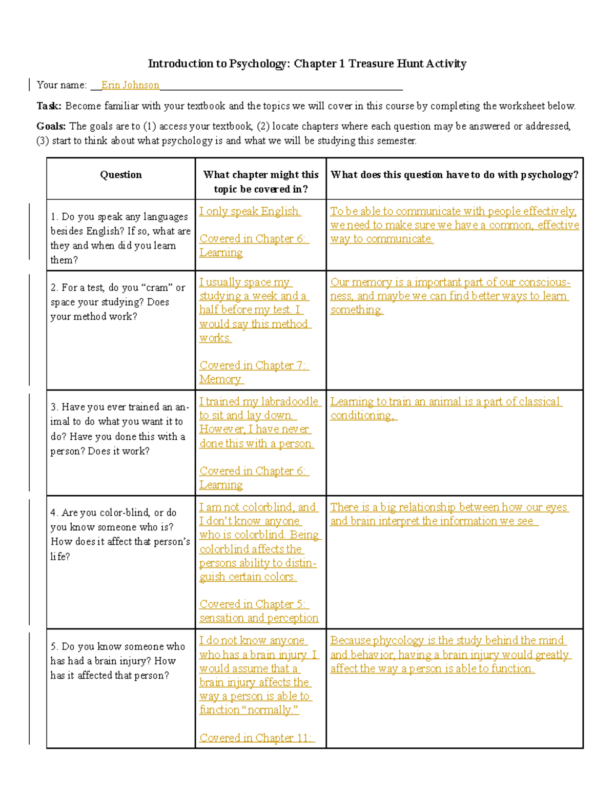 Treasure Hunt Intro Activity - Introduction to Psychology: Chapter 1 ...