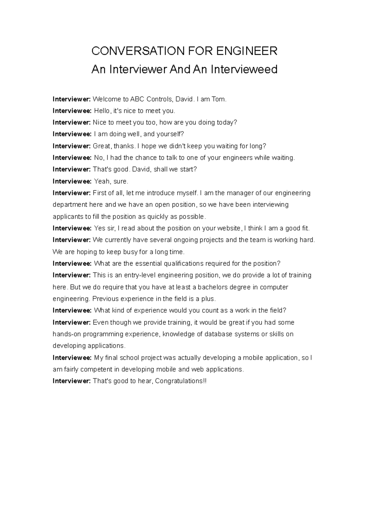Conversation FOR Informatic - CONVERSATION FOR ENGINEER An Interviewer ...