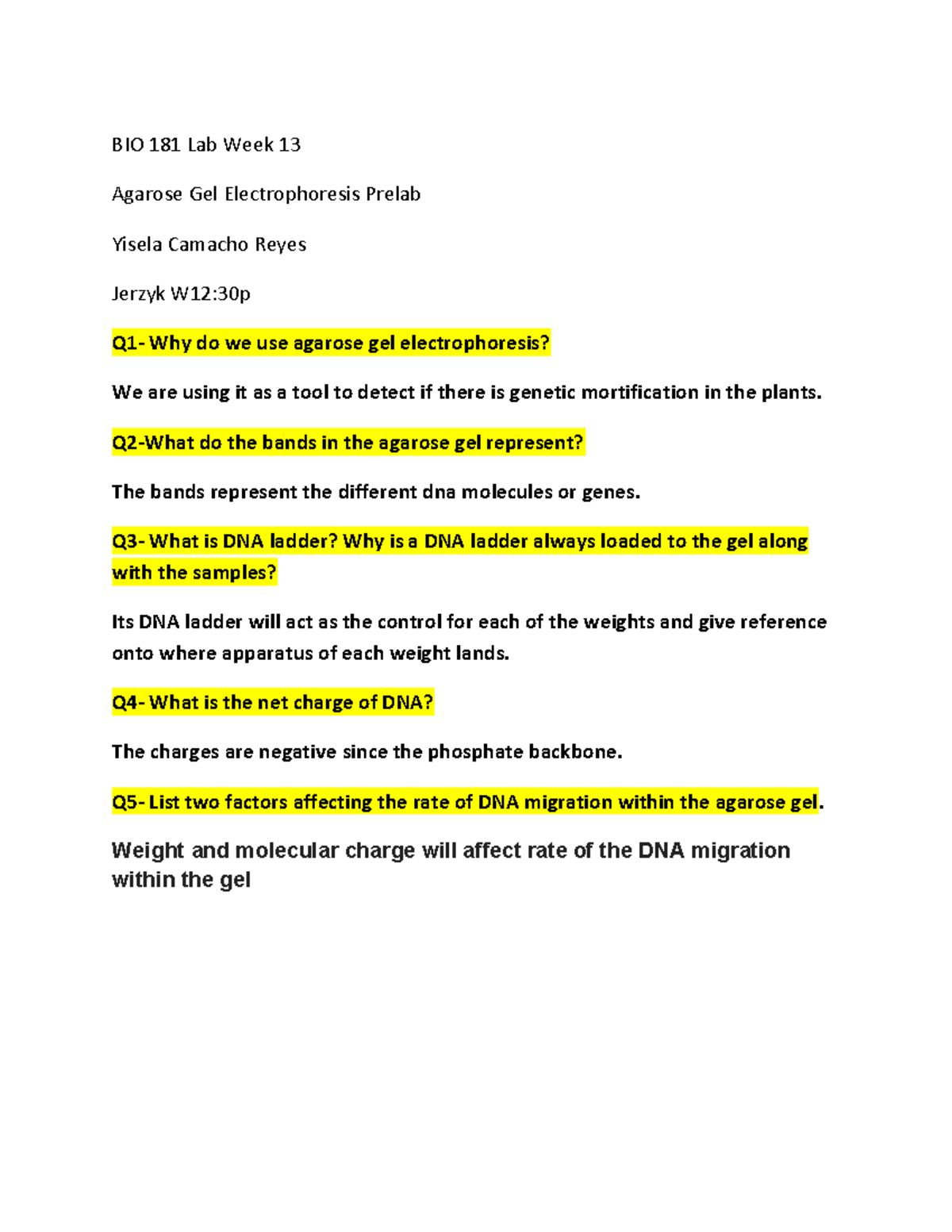 prelab bio 181 course - BIO 181 Lab Week 13 Agarose Gel Electrophoresis Prelab Yisela Camacho ...