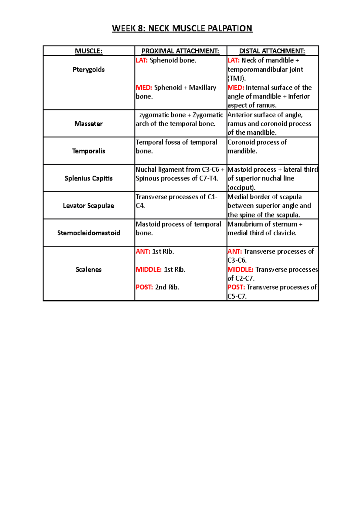 CHI109 PRAC exam muscle table - WEEK 8: NECK MUSCLE PALPATION MUSCLE ...