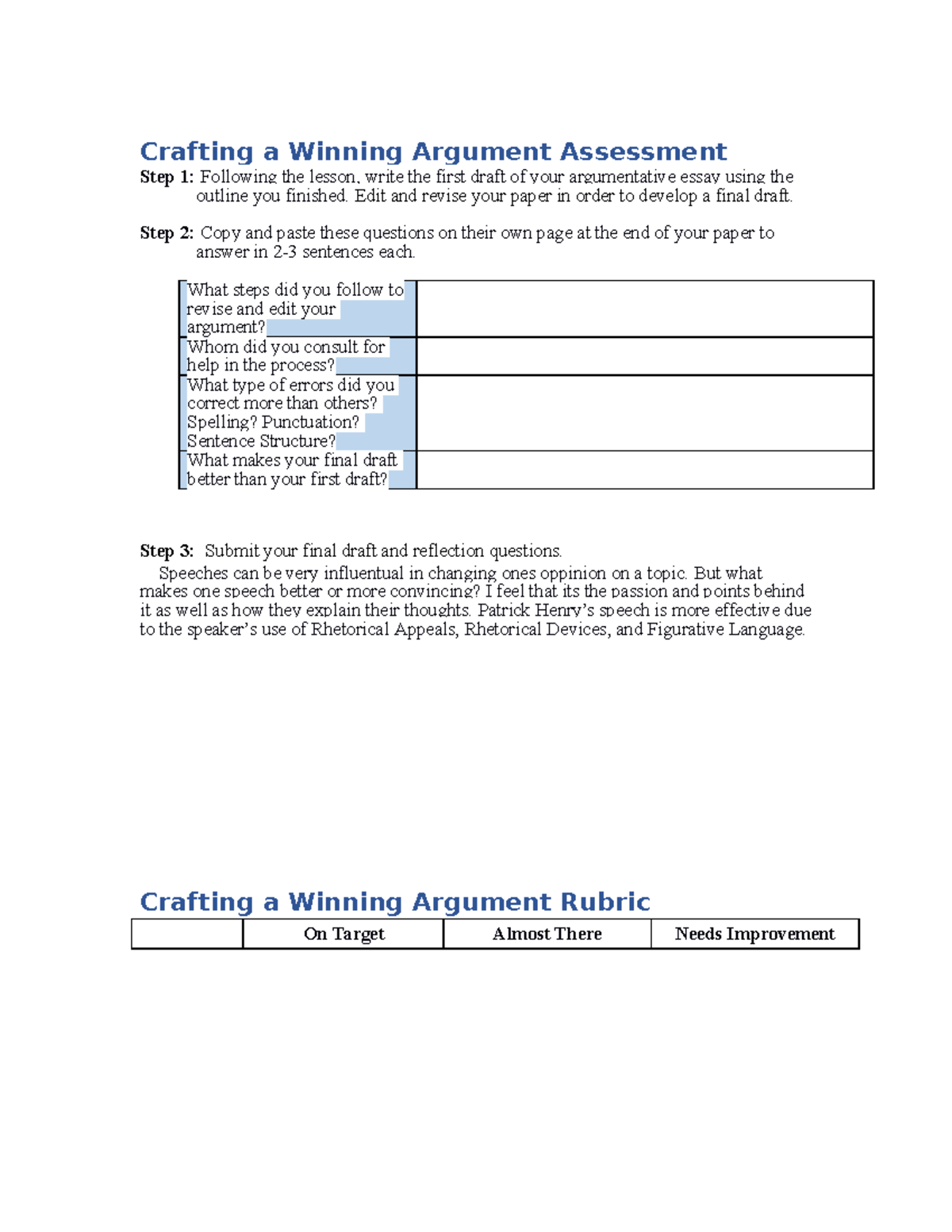 Crafting argument assess rubric - Crafting a Winning Argument ...