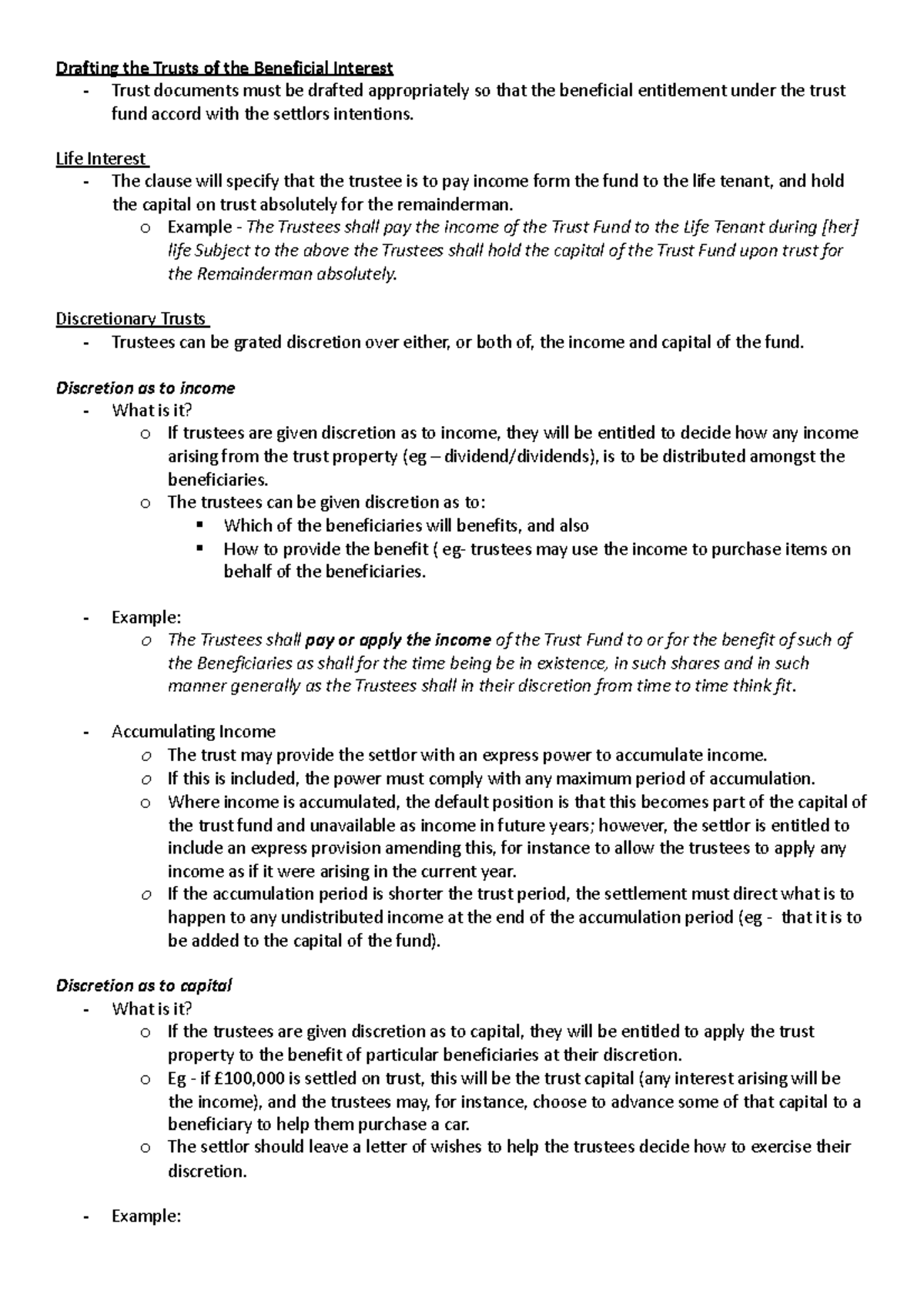 Drafting the Trusts of the Beneficial Interest Notes - Life Interest ...