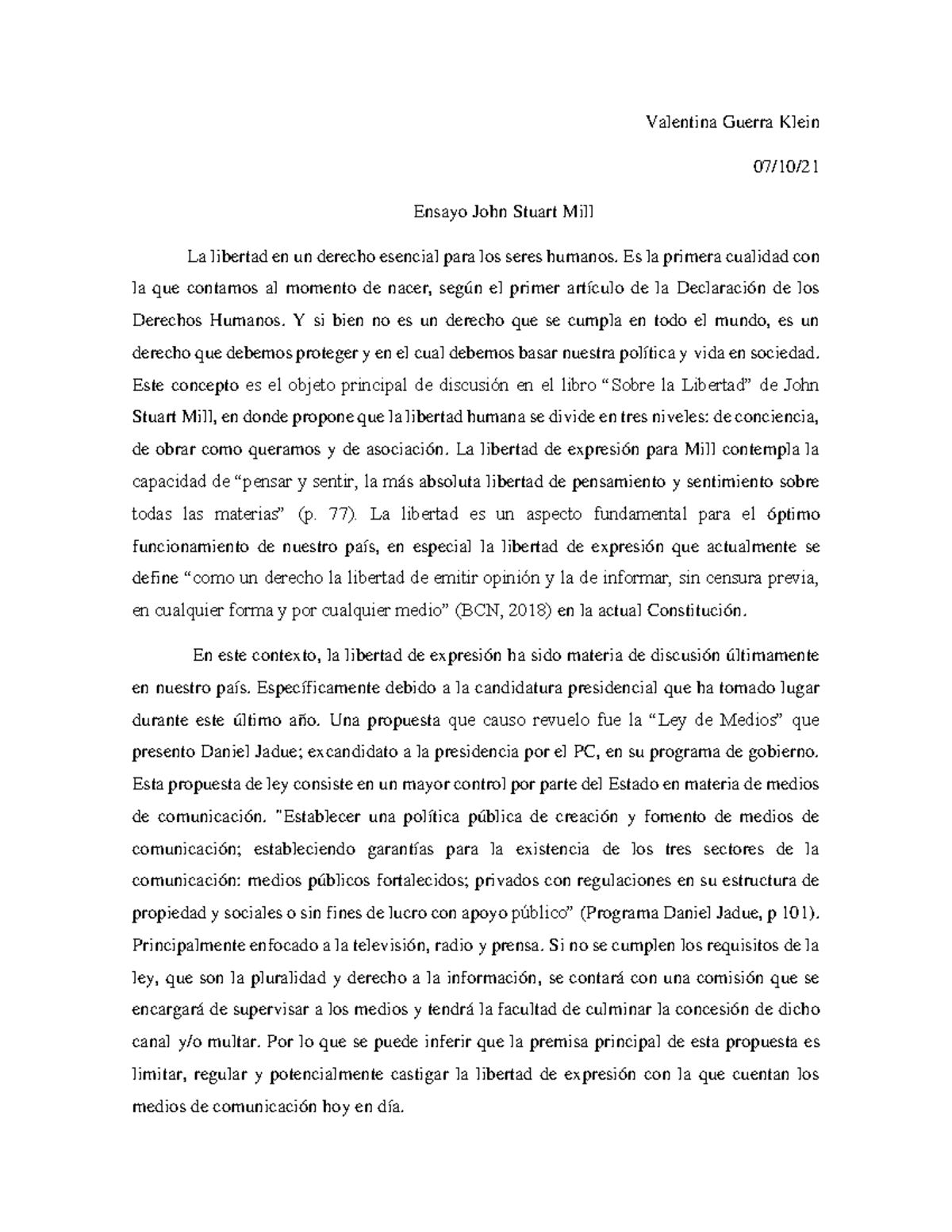 Ensayo John Stuart Mill - CORE: Civilización Contemporánea I - UAI - Studocu