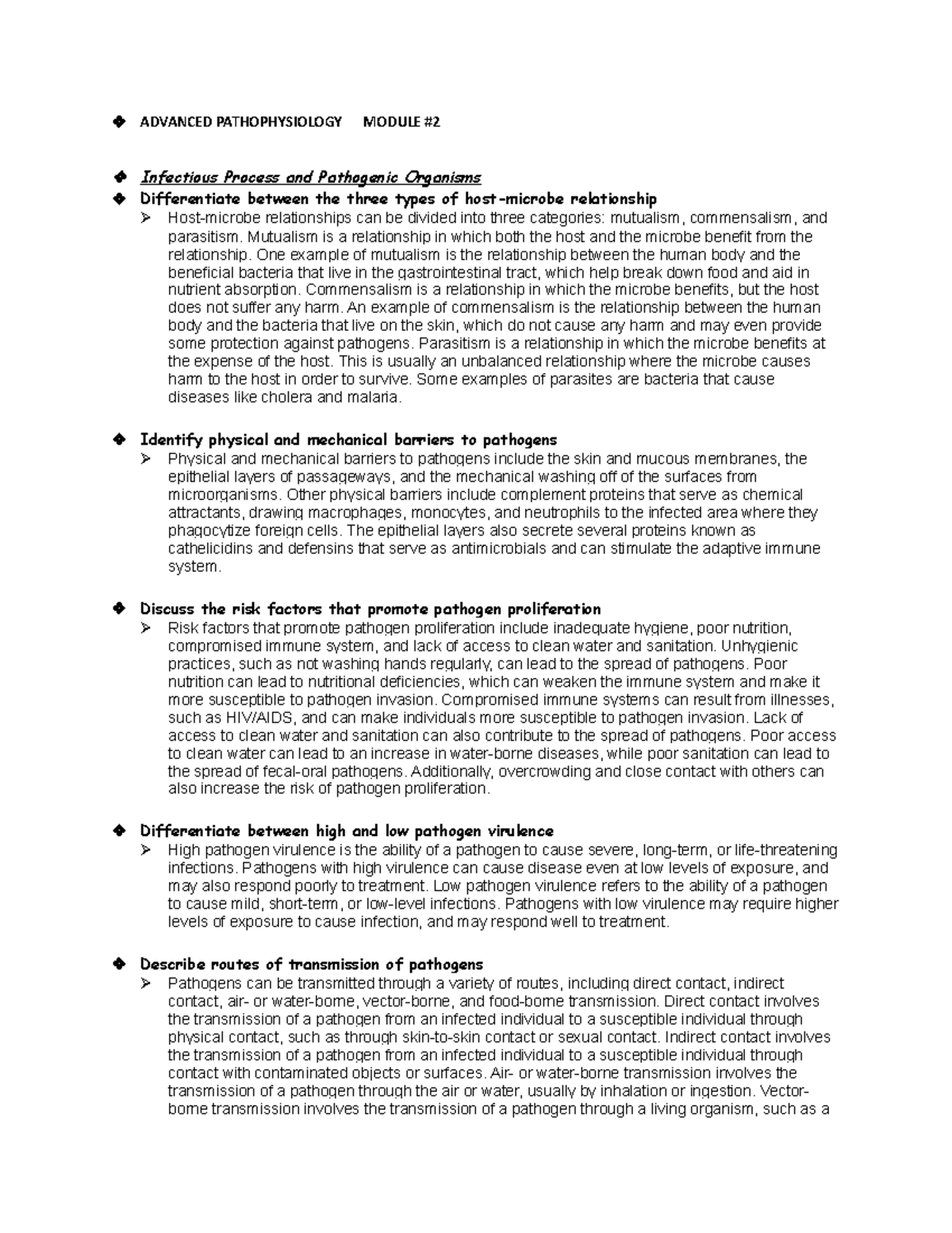 Module 2 review - ADVANCED PATHOPHYSIOLOGY MODULE Infectious Process ...