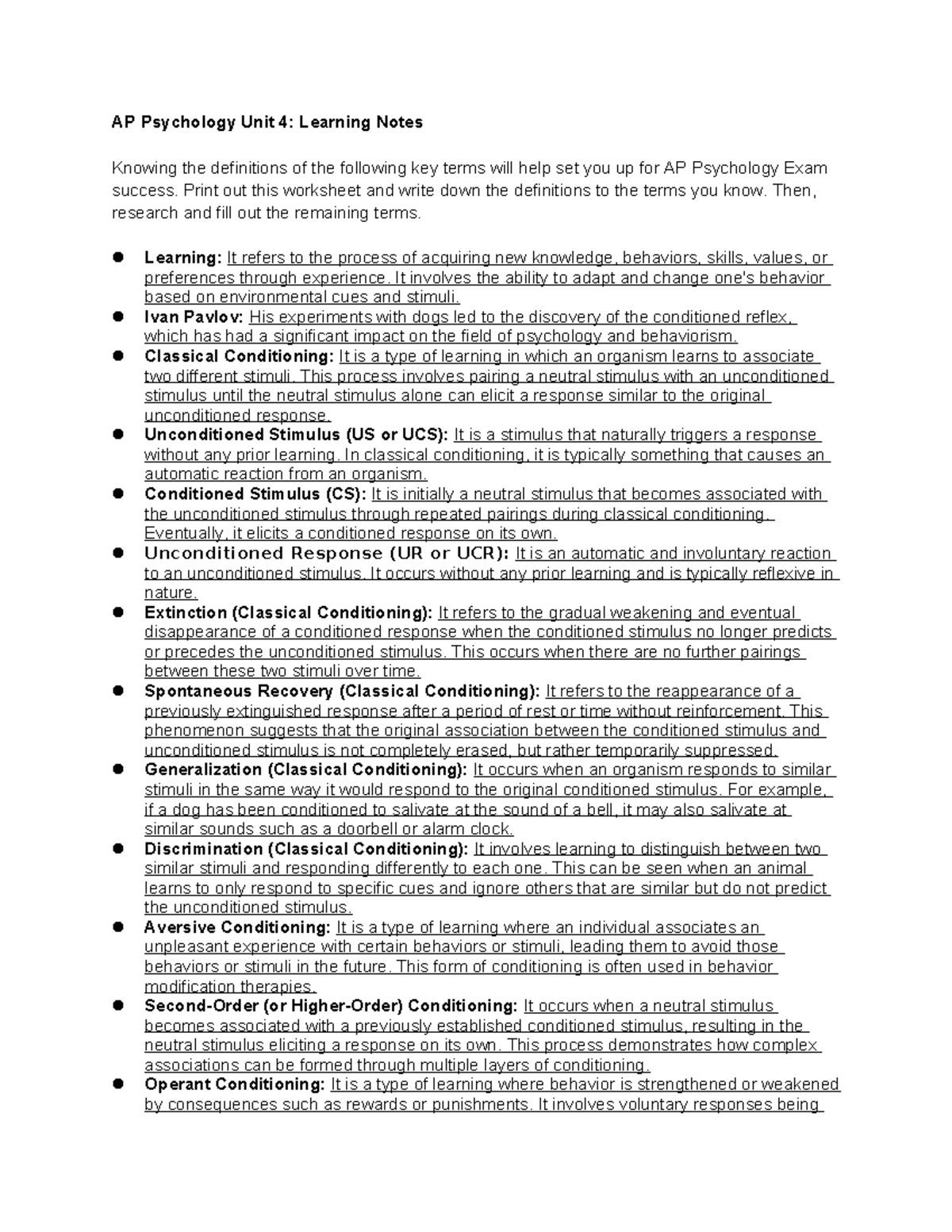 AP Psychology Unit 4 Learning Notes - AP Psychology Unit 4: Learning ...