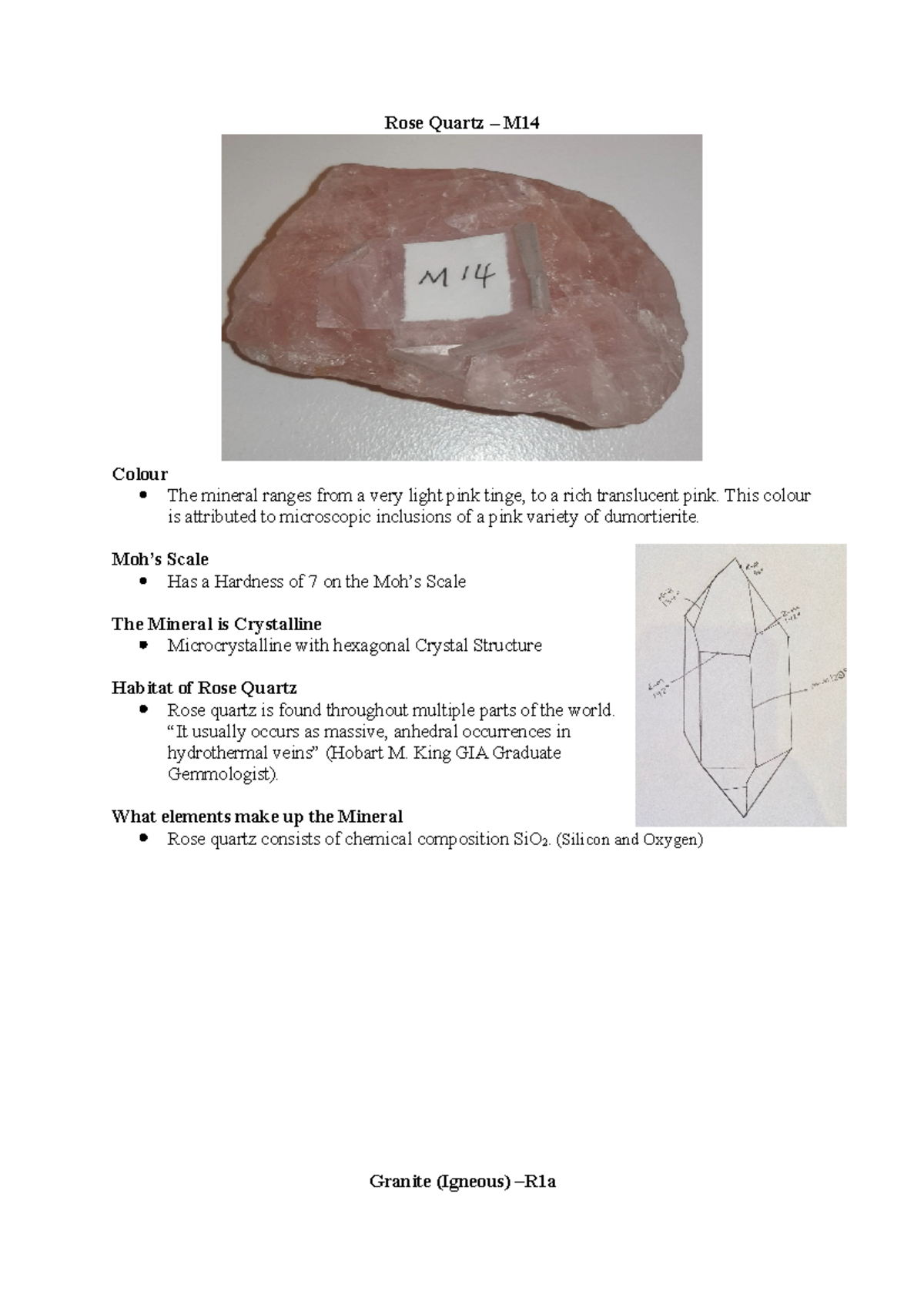 Geology Prac 1 - 95/100 mark recieved - Rose Quartz – M Colour The ...