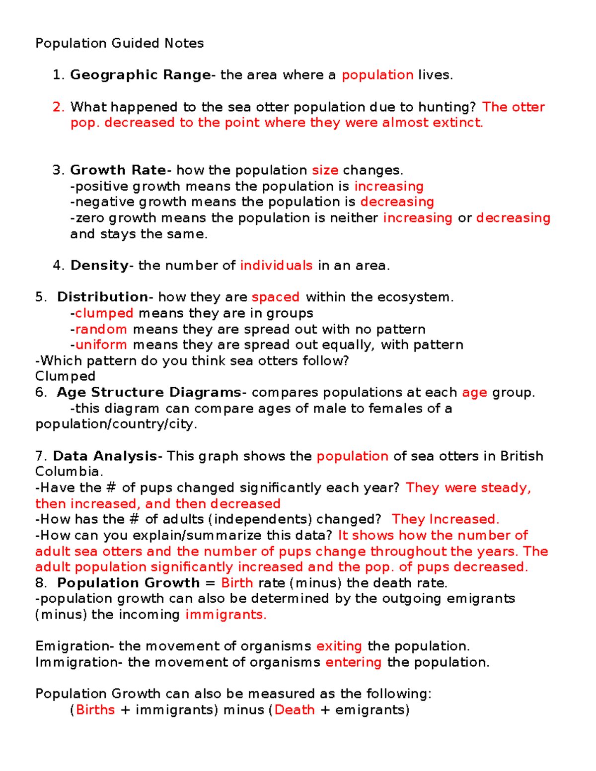 Population Guided Notes - Geographic Range- the area where a population ...