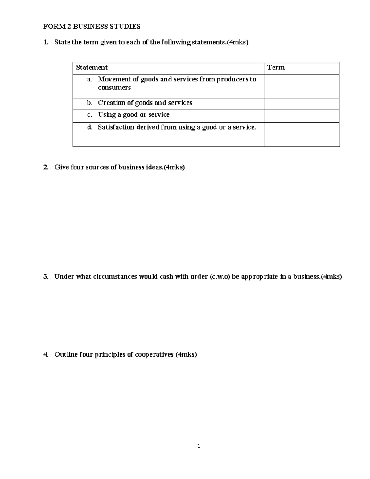 Business- Studies-F2 - Idk - FORM 2 BUSINESS STUDIES 1. State the term ...