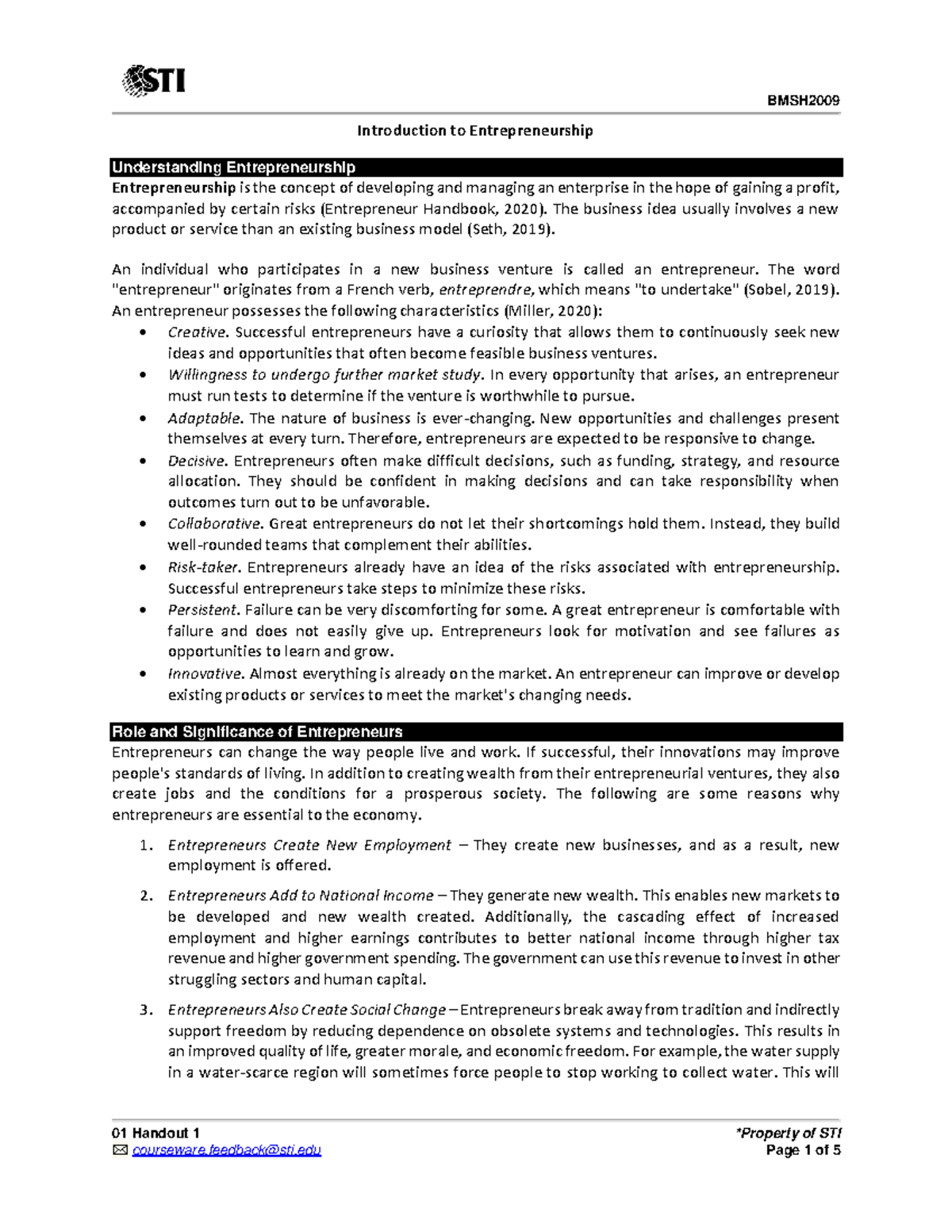 01 Handout 1(32) - intro - 01 Handout 1 *Property of STI Introduction to Entrepreneurship - Studocu