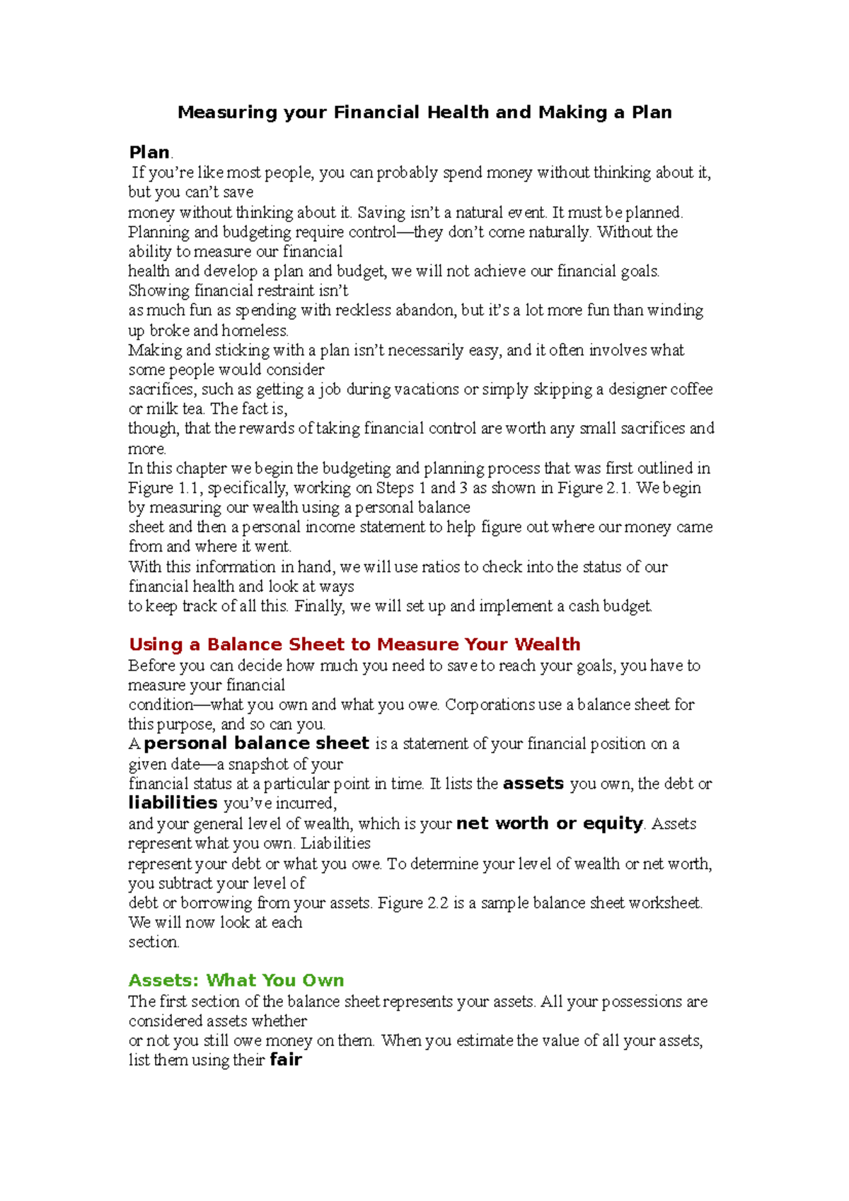 Measuring your Financial Health and Making a Plan - If you’re like most ...