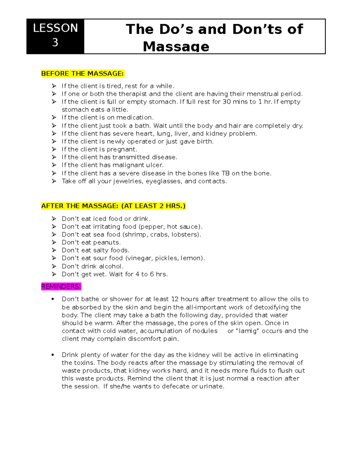 Q3 Lesson 3 The dos and donts of massage - BEFORE THE MASSAGE: If the ...