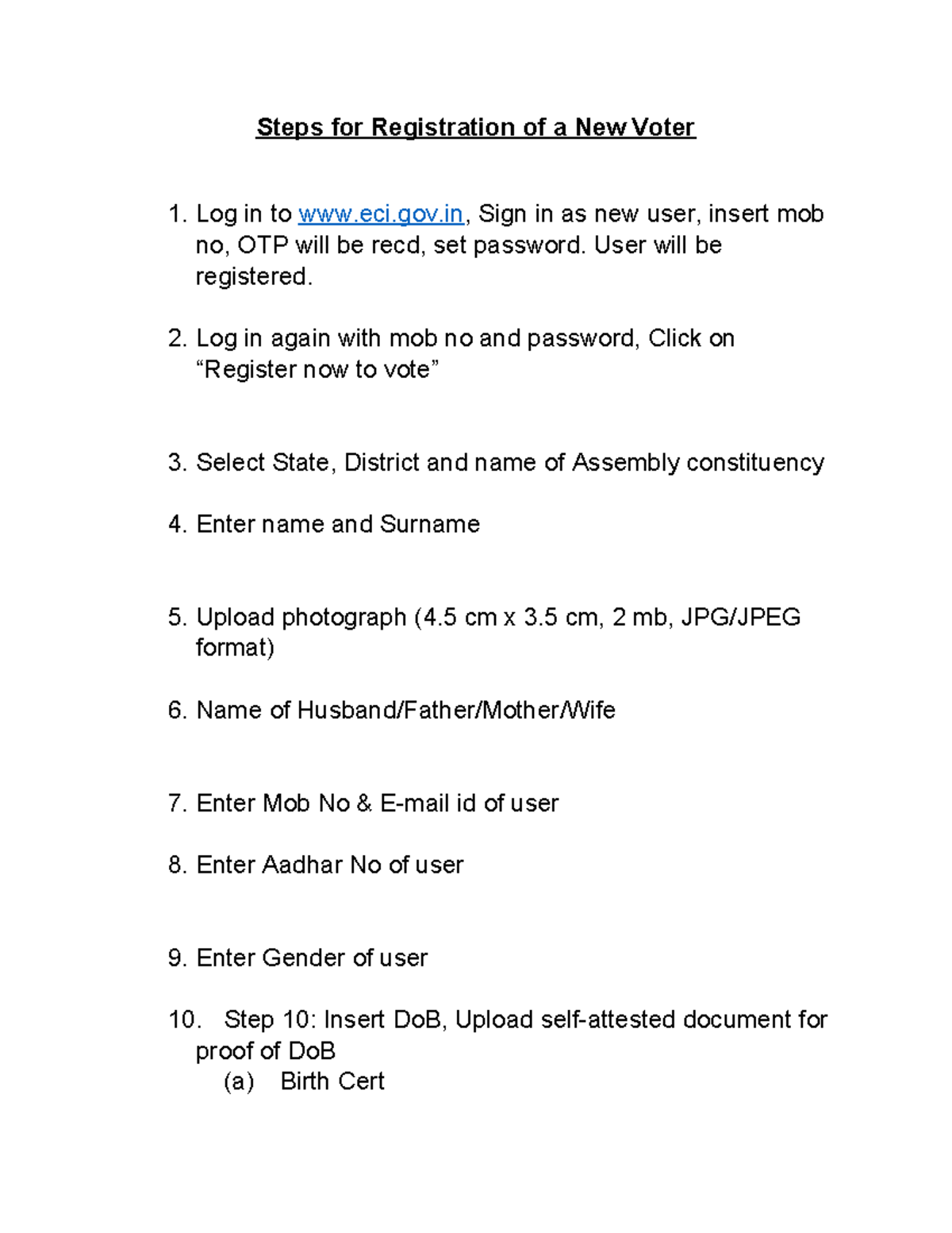 Voter documents - Steps for Registration of a New Voter Log in to eci ...