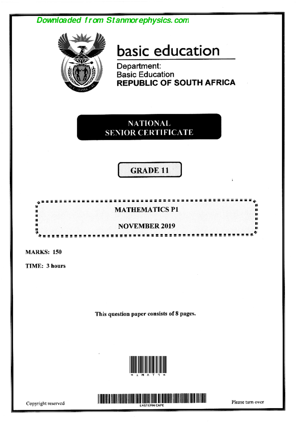 NOV Maths gr 11 P1 and Memo - Downloaded from Stanmorephysics ...