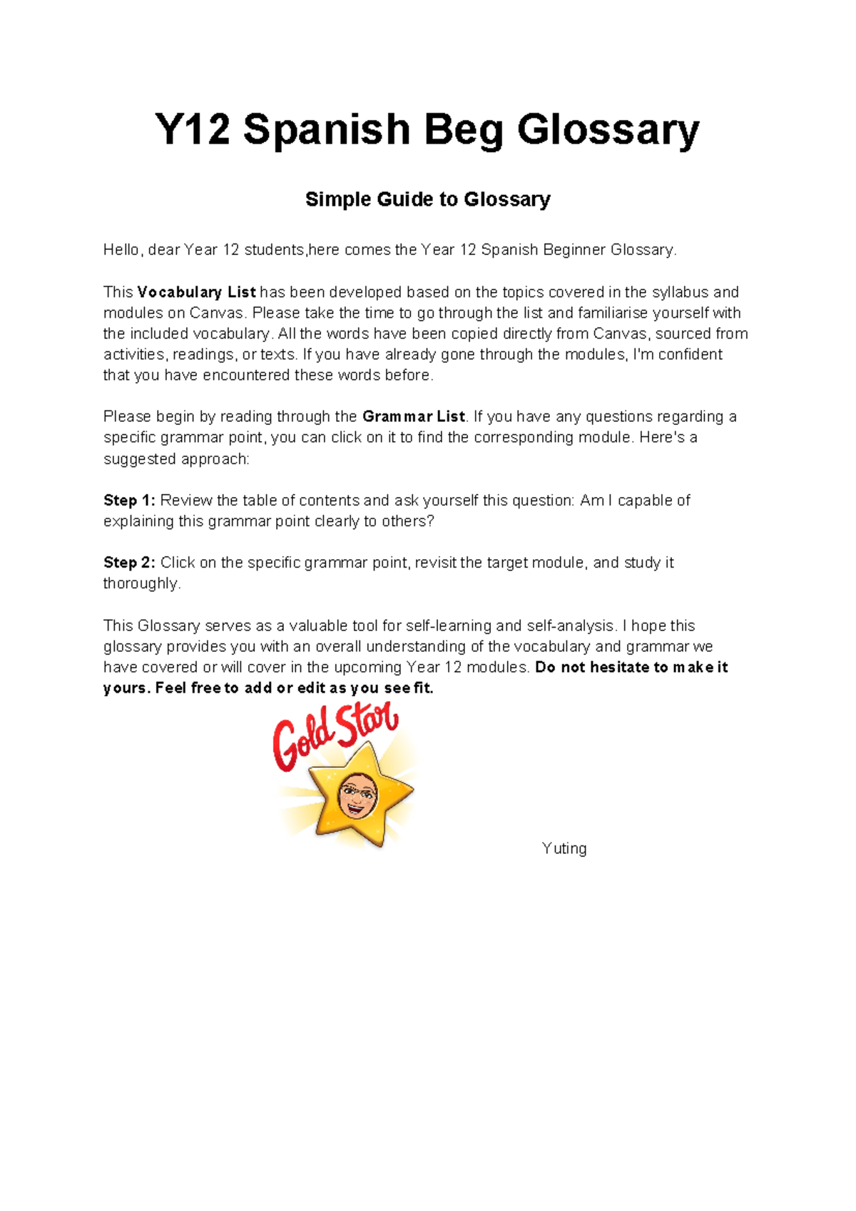 Y12 Span Beg Glossary - Y12 Spanish Beg Glossary Simple Guide to ...