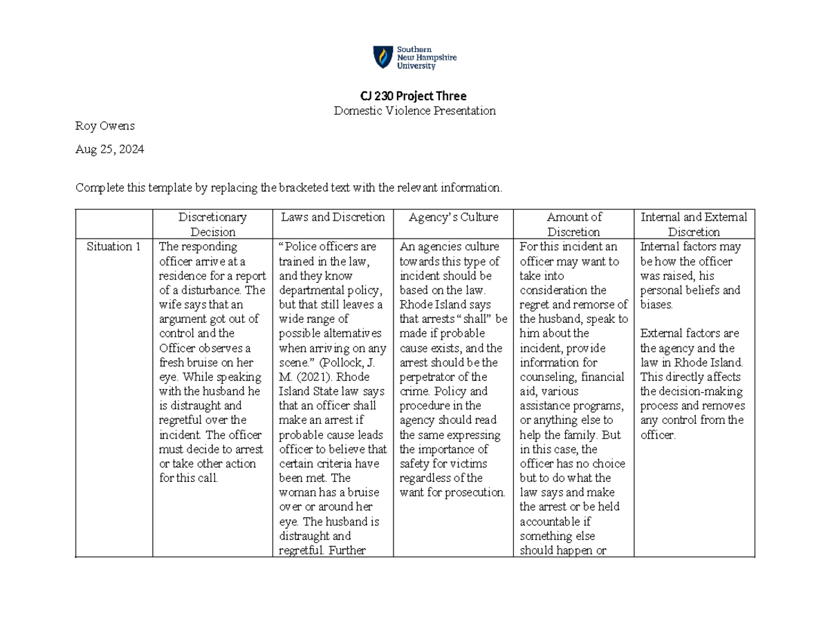 CJ 230 Project Three - CJ 230 Project Three Domestic Violence ...