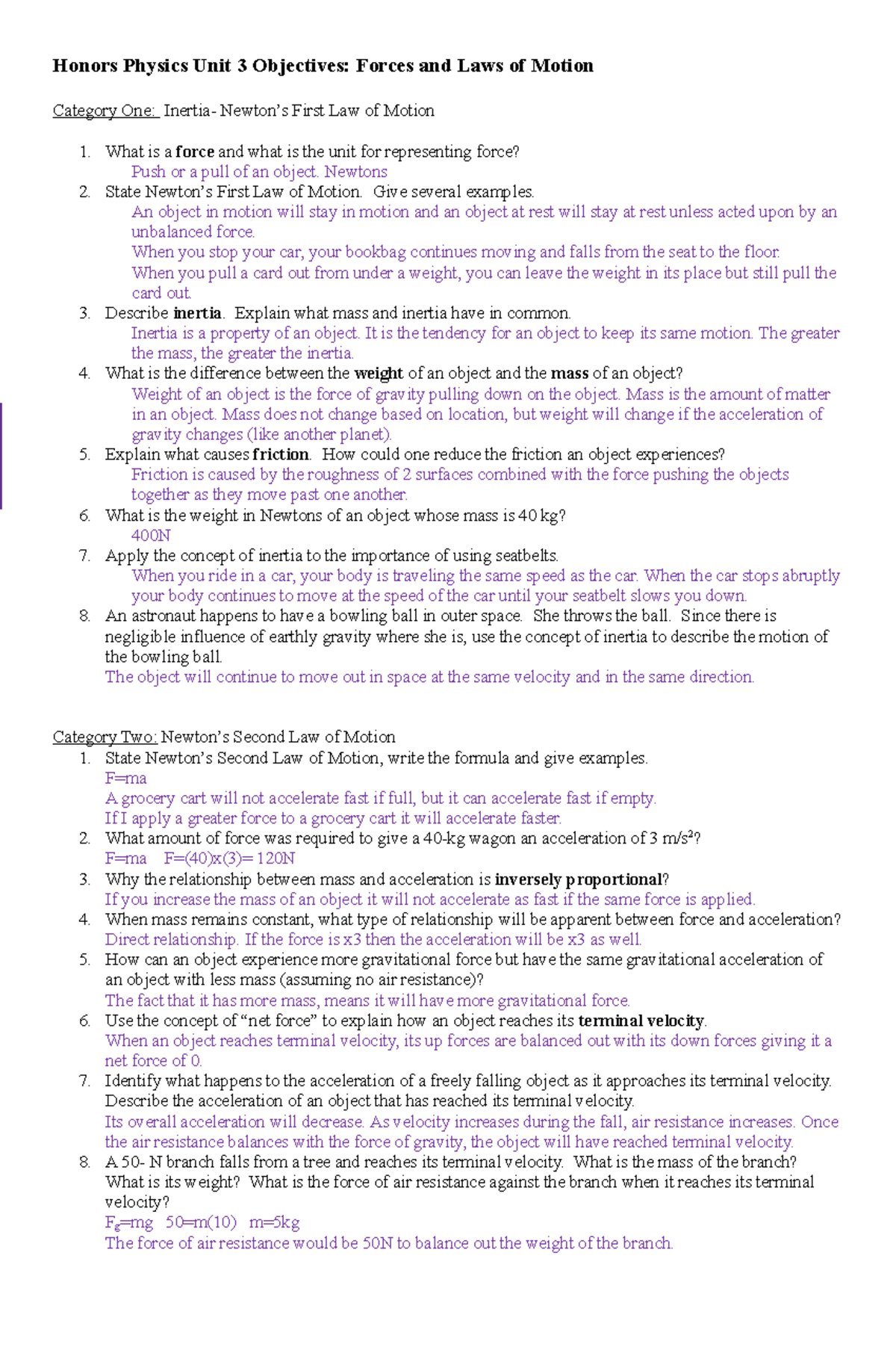 Unit 3 Honors Objectives Forces and Newtons Laws Key- Wiseman - Honors ...