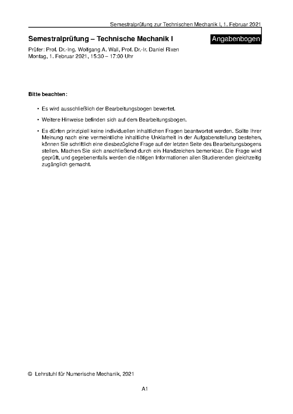 Semestrale ws2021 - Maschinenwesen - Semestralprüfung – Technische Mechanik I Angabenbogen ...