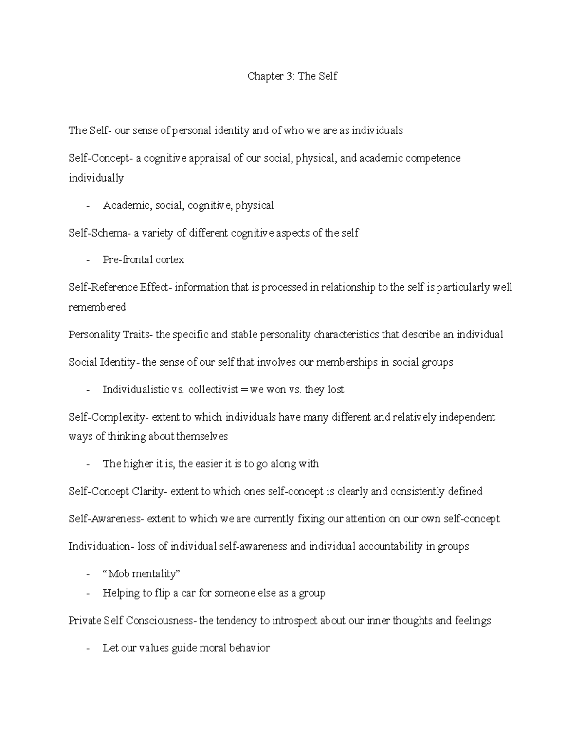 Chapter 3 Notes - Chapter 3: The Self The Self- our sense of personal ...