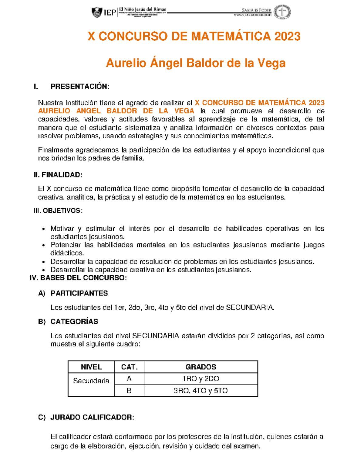 Secundaria- Bases DEL Concurso DE Matematica - X CONCURSO DE MATEMÁTICA 2023 Aurelio Ángel ...