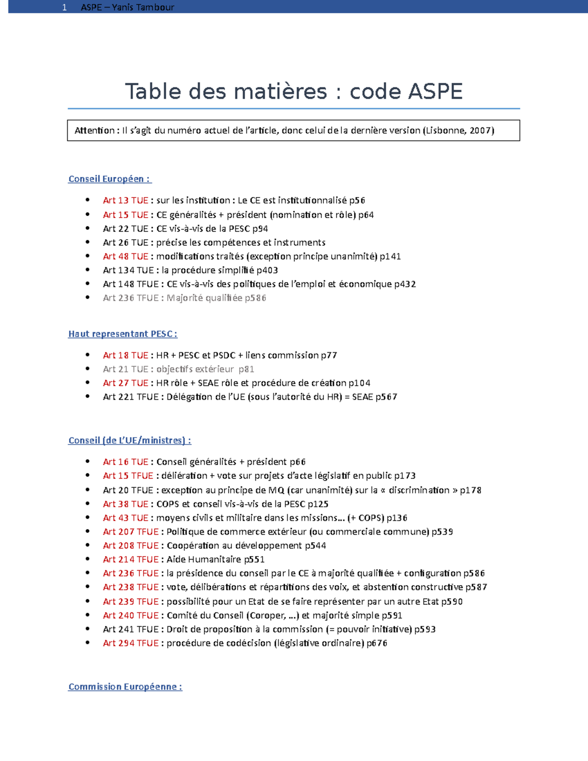 Articles ASPE - Table des matières : code ASPE Commission Européenne ...