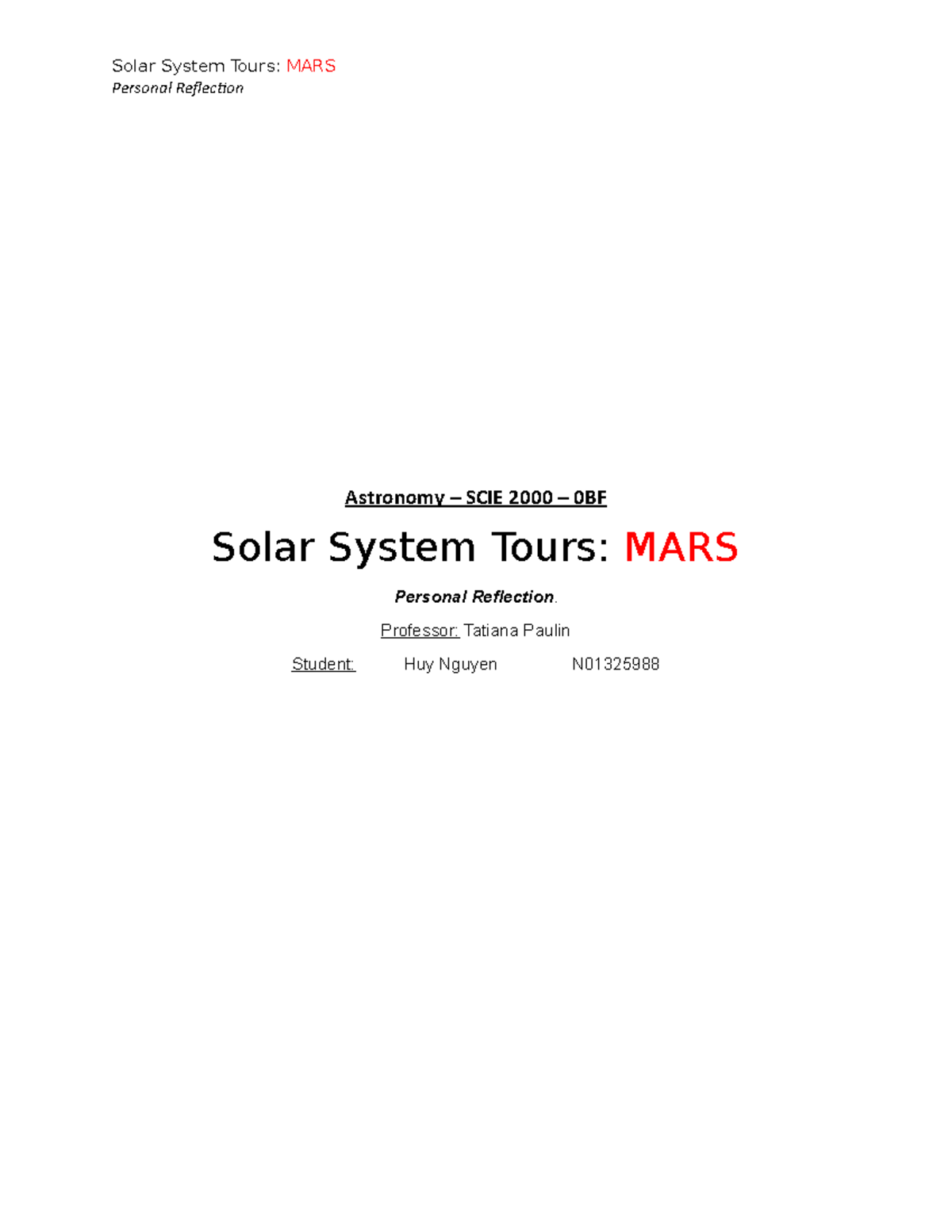 PErsonal reflection - Solar System Tours: MARS Personal Reflection ...