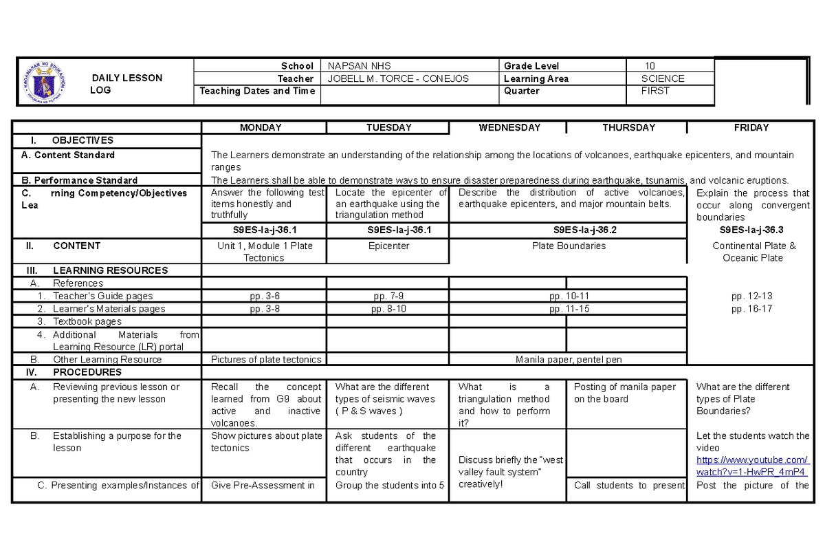 DLL Science 10 1st Quarter - DAILY LESSON LOG School NAPSAN NHS Grade ...