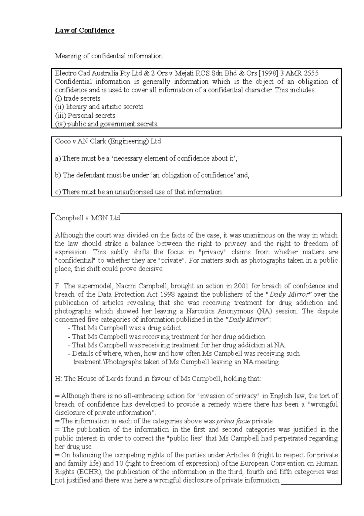 Law of Confidence - notes - Law of Confidence Meaning of confidential ...