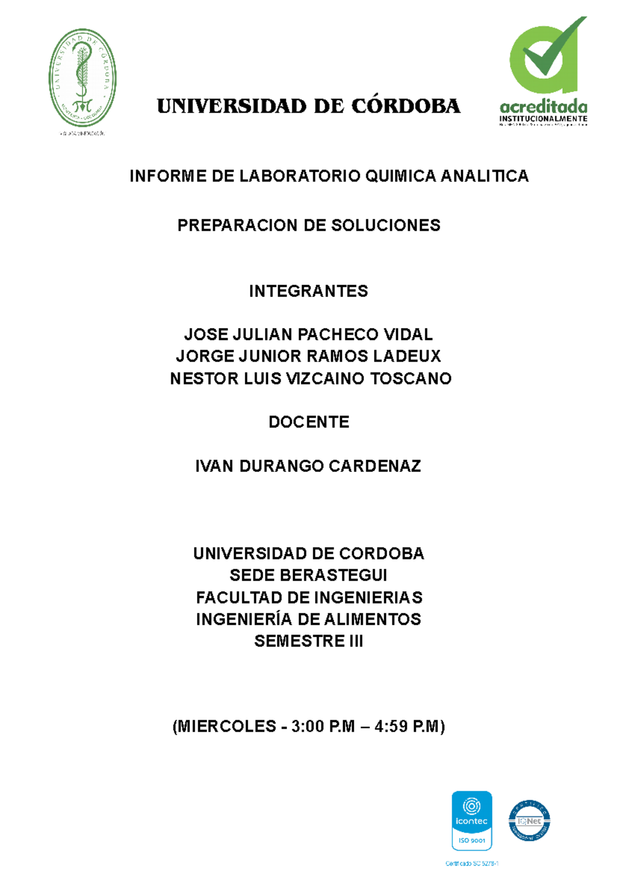 Informe De Laboratorio Analitica Informe De Laboratorio Quimica