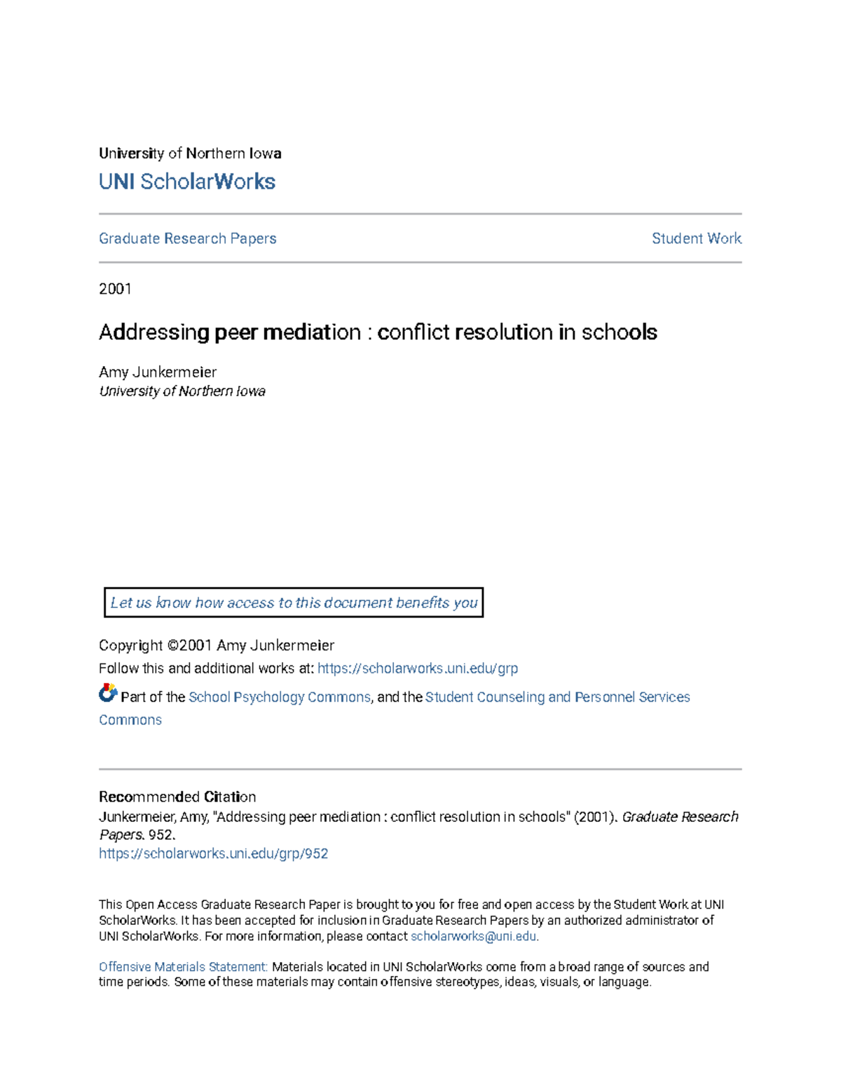 Addressing peer mediation conflict resolution in schools - University ...