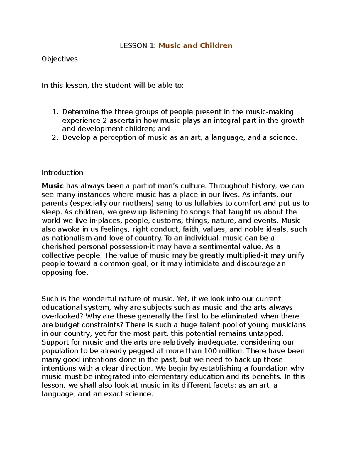 Lesson 1 Music and Children - LESSON 1: Music and Children Objectives ...