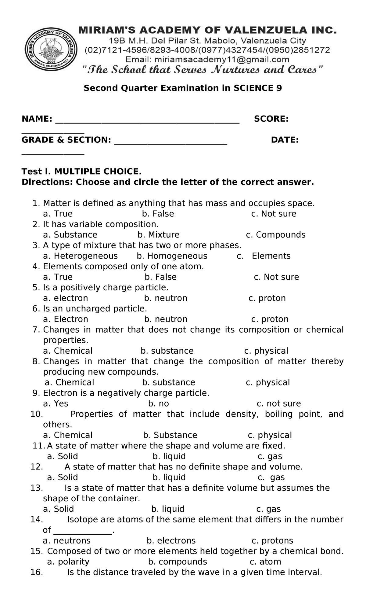 Second Quarter Examination in Science 9 - Second Quarter Examination in ...