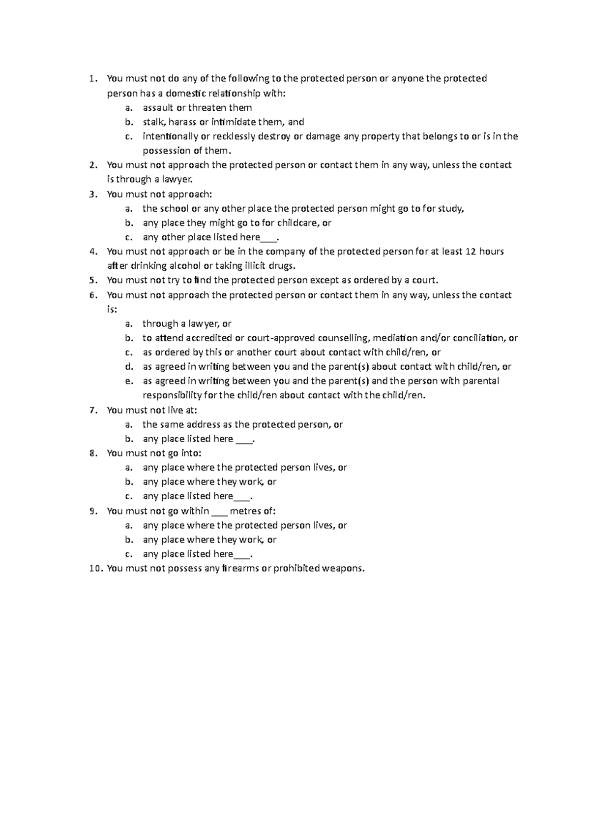 Standard ADVO Conditions Imposed by NSW Local Courts - You must not do ...