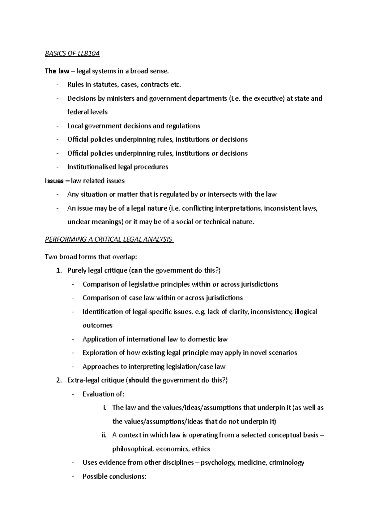 LLB104 - Lecture notes 1-10 - BASICS OF LLB The law – legal systems in ...
