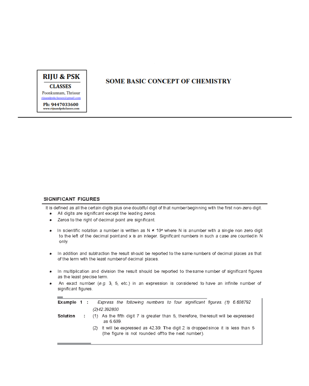 SOME Basic Concepts OF Chemistry Notes - All digits are significant ...