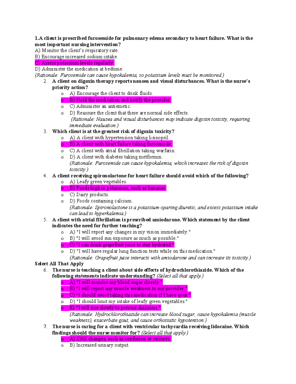 Heart Failure and Dysrhythmia blueprint practice questions - 1 client ...