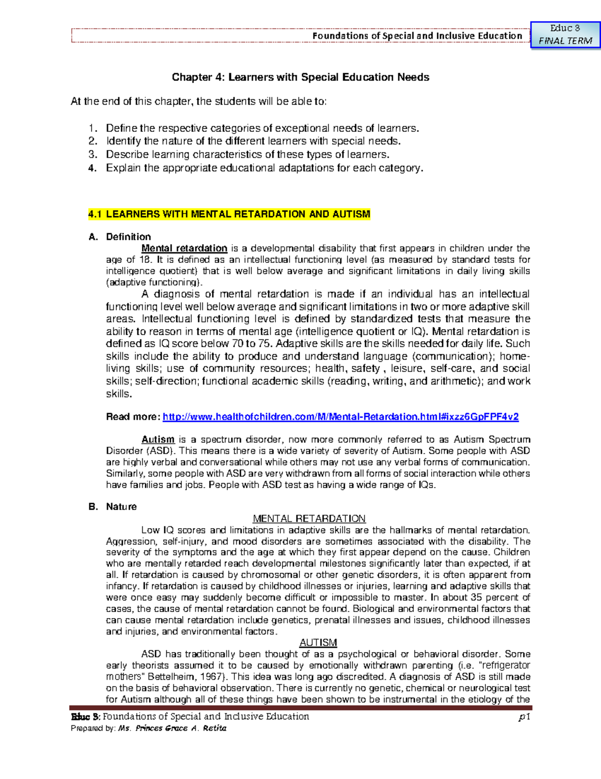 EDUC 3 Learning Module Chapter 4 ONLY - Educ 3: Foundations of Special ...