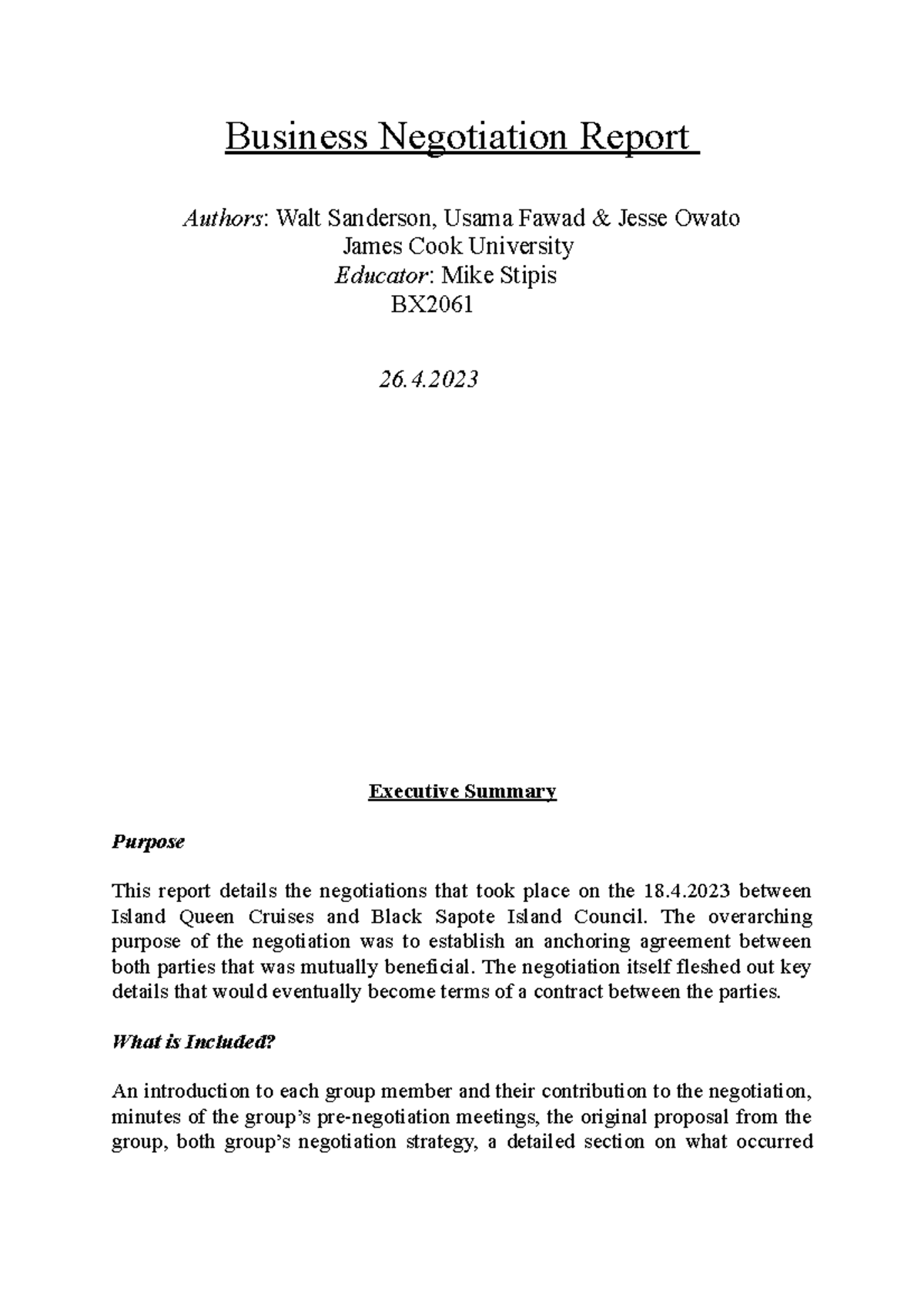 Bus negotation report - Business Negotiation Report Authors: Walt ...