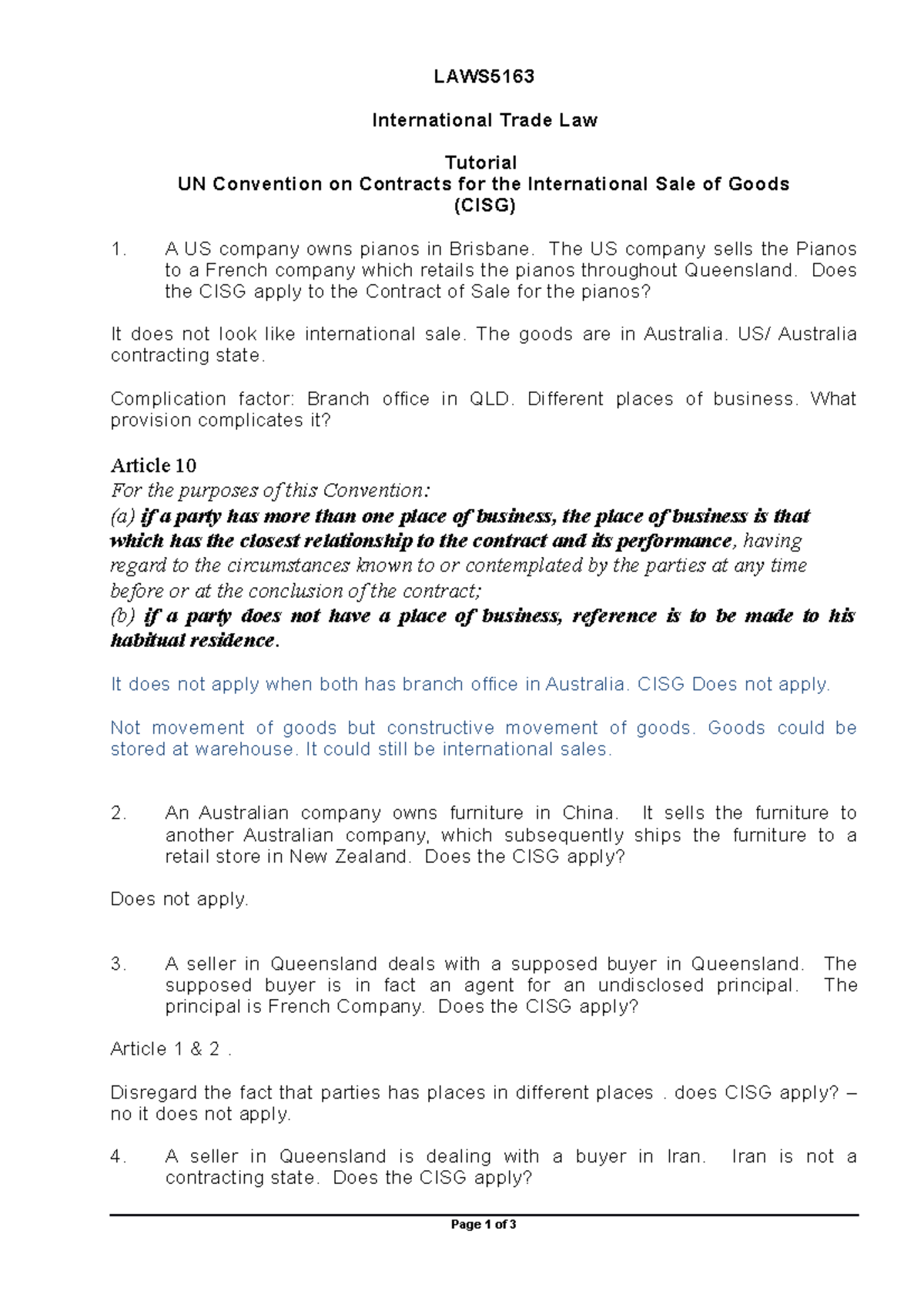 23-Tutorial-CISG - Tutorial week 2 - LAWS International Trade Law Tutorial UN Convention on ...