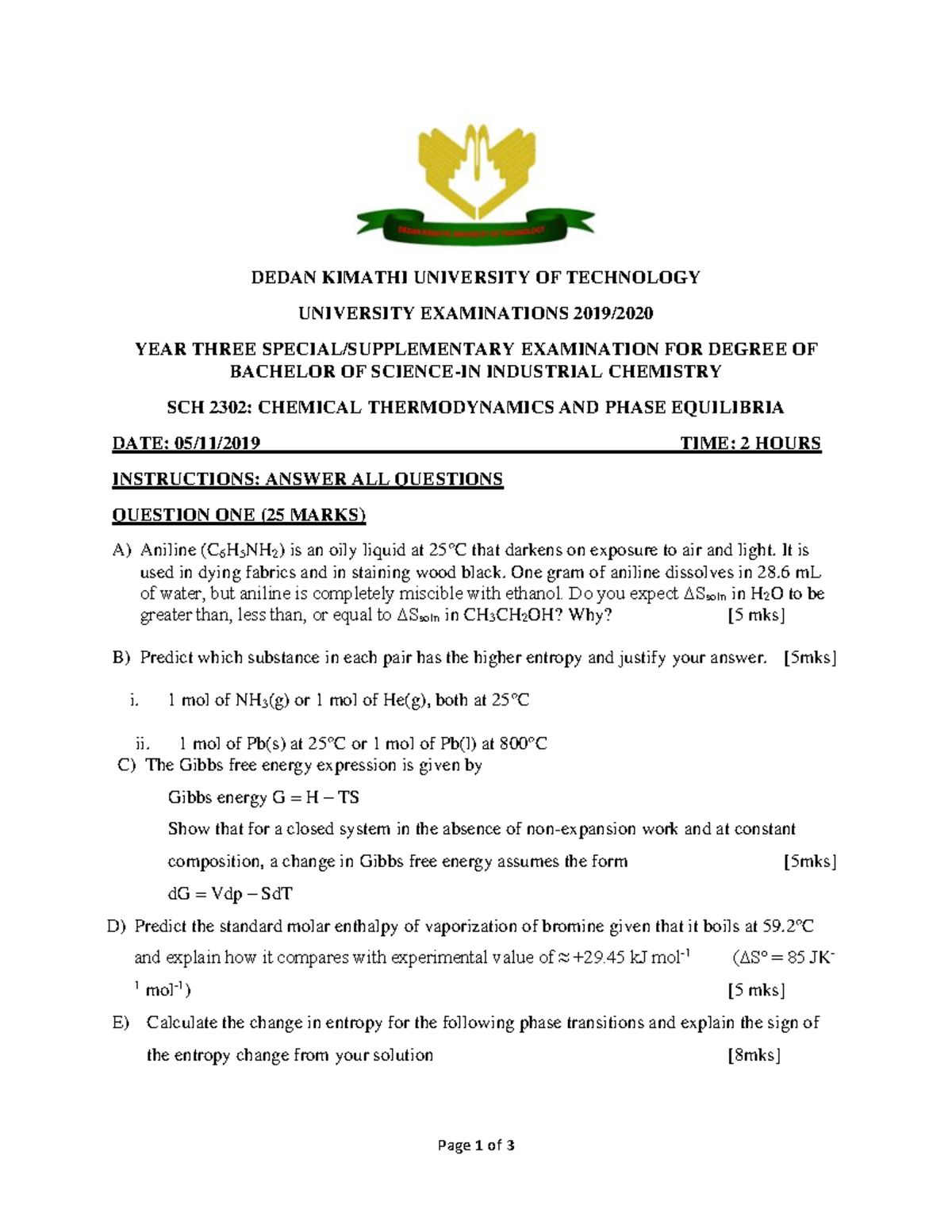 SCH 2302 Chemical Thermodynamics AND Phase Equilibria - Page 1 of 3 ...