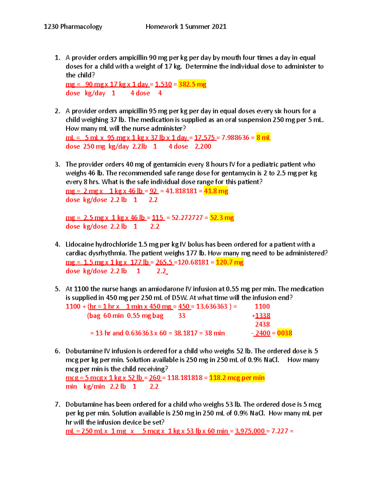 Homework 1 Sum 2021 Answers - A provider orders ampicillin 90 mg per kg ...